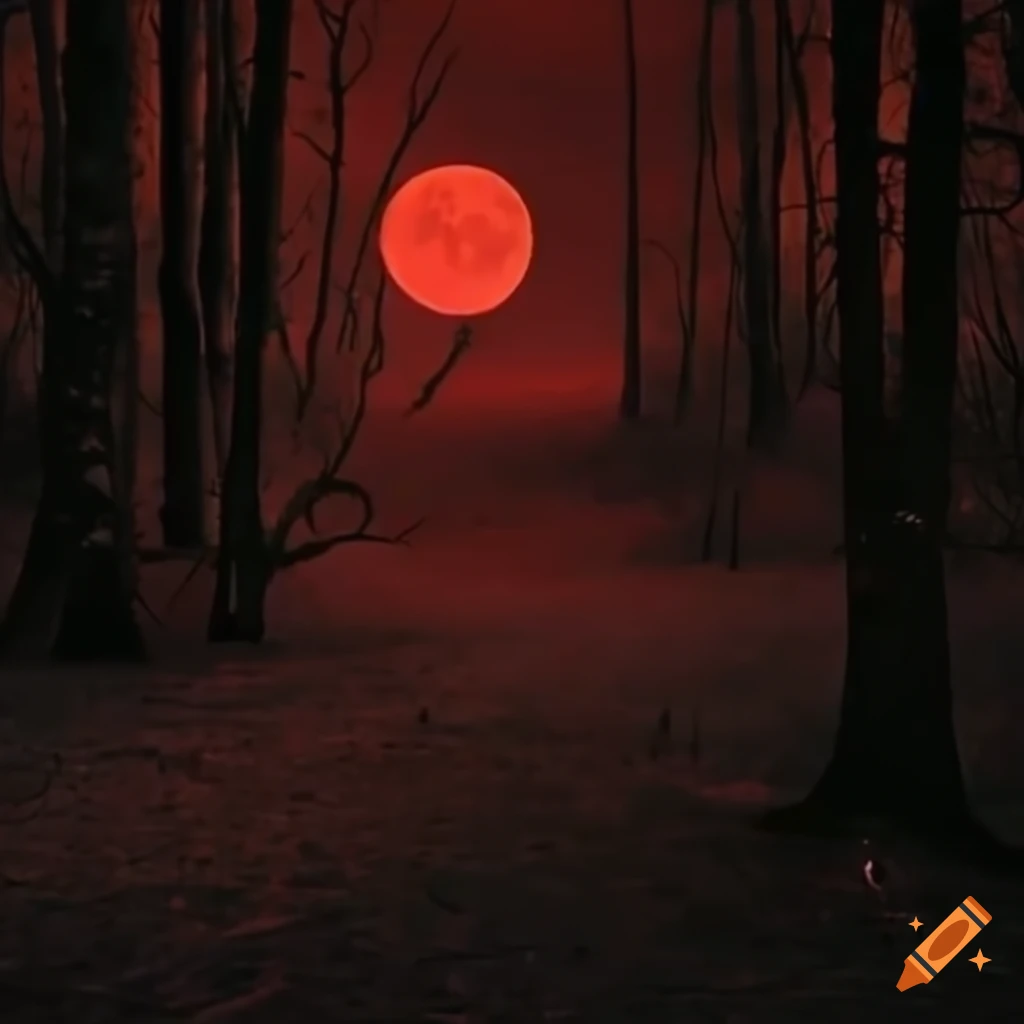 Spooky winter wonderland with red moon in the forest at night on Craiyon