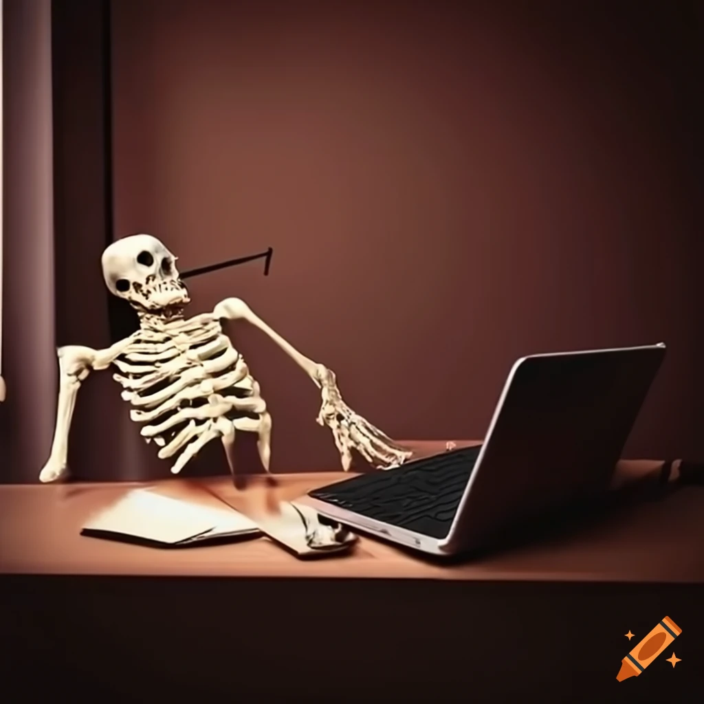 Bored skeleton working on a laptop in a home office on Craiyon