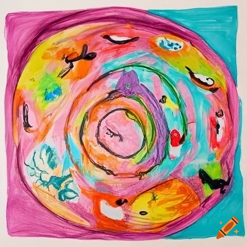 Childish drawing of flying birds, deer, and foxes around a plasticine ...