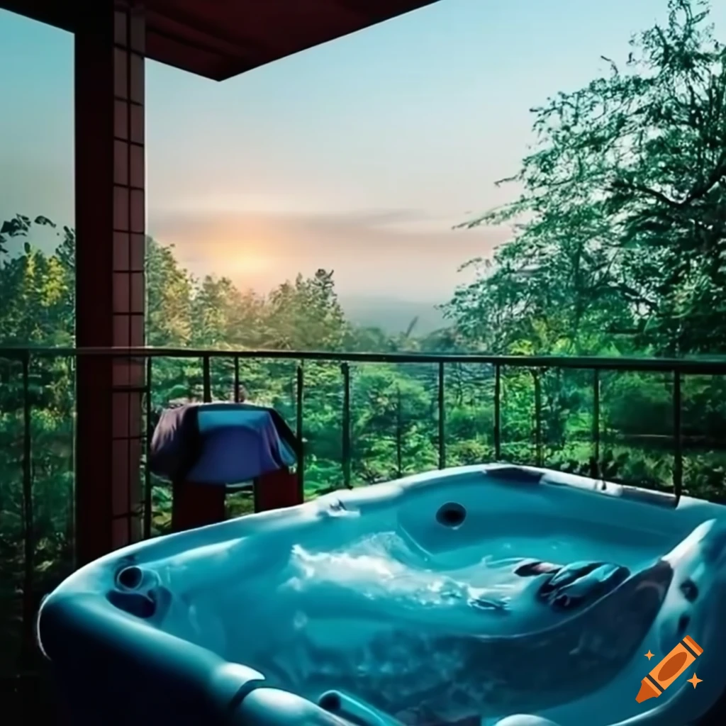 Balcony with jacuzzi overlooking a park on Craiyon