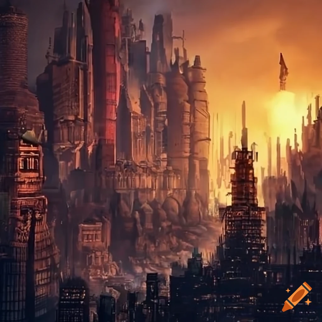 Overpopulated infernal fantasy city with a towering center on Craiyon