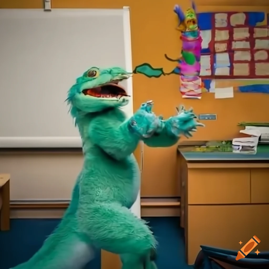Female teacher wearing a full body lizard mascot fursuit in a classroom ...