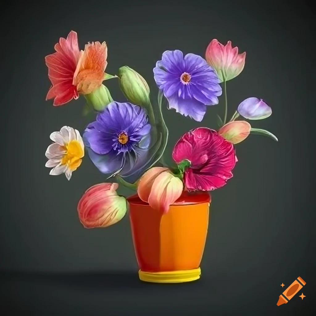 Collection of photorealistic flower sticker designs in colorful pots on ...