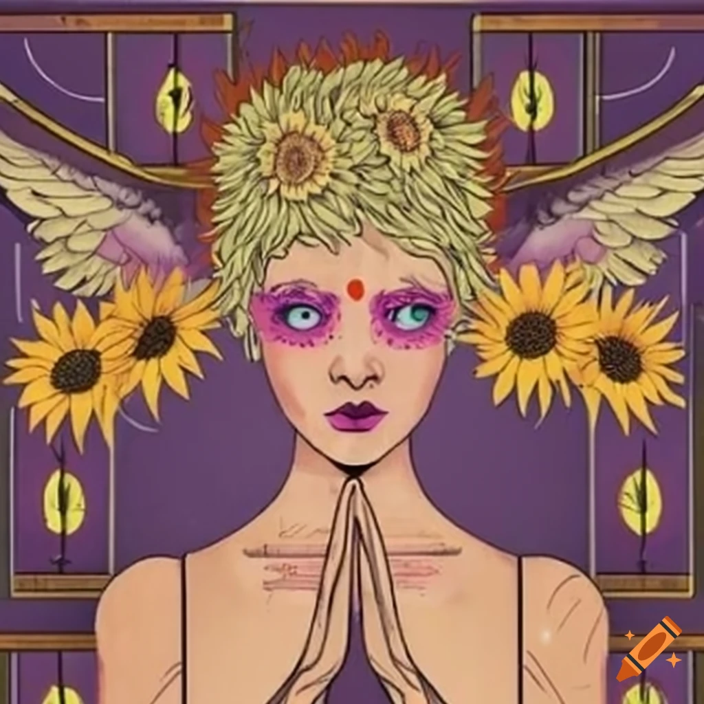 Angel with multiple wings and eyes surrounded by sunflowers on Craiyon