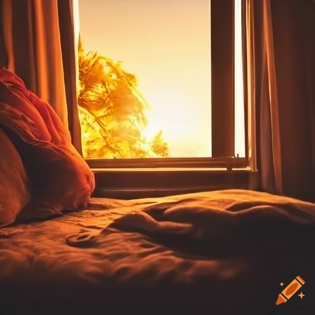 Cozy bed by the window during sunset on Craiyon