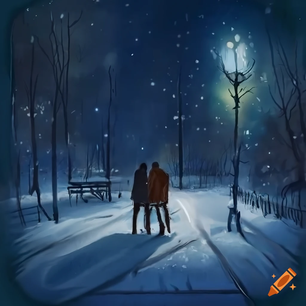 Young couple sitting on bench on a cold snowy night on Craiyon