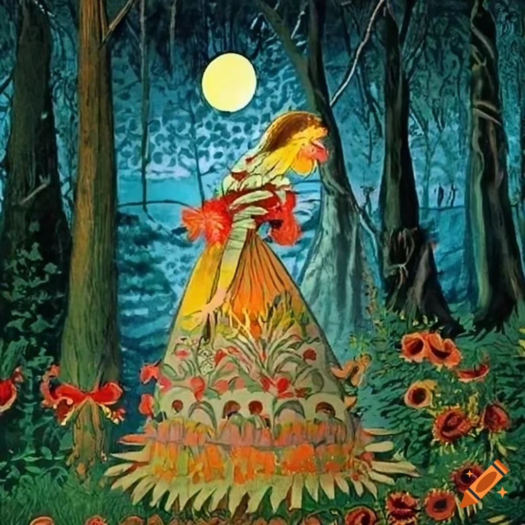 Russian folk tale illustration of a Curandera in the woods during Fall ...
