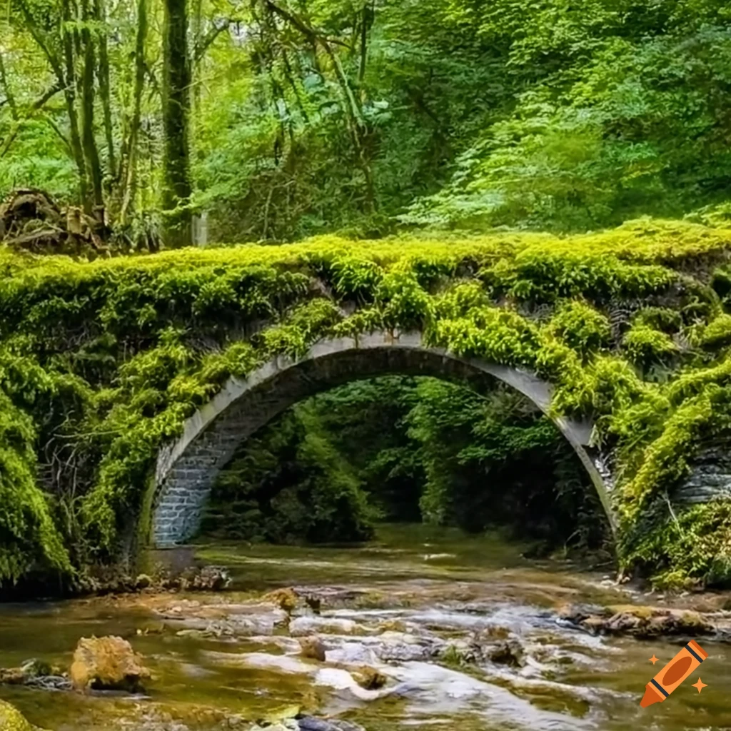 Bridge covered in moss and vines on Craiyon