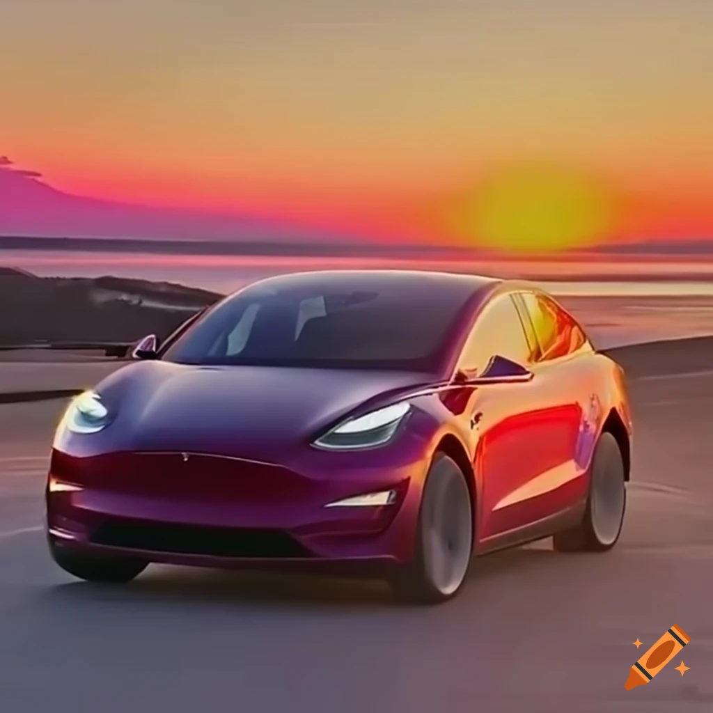 Tesla model y driving into a bright sunset on Craiyon
