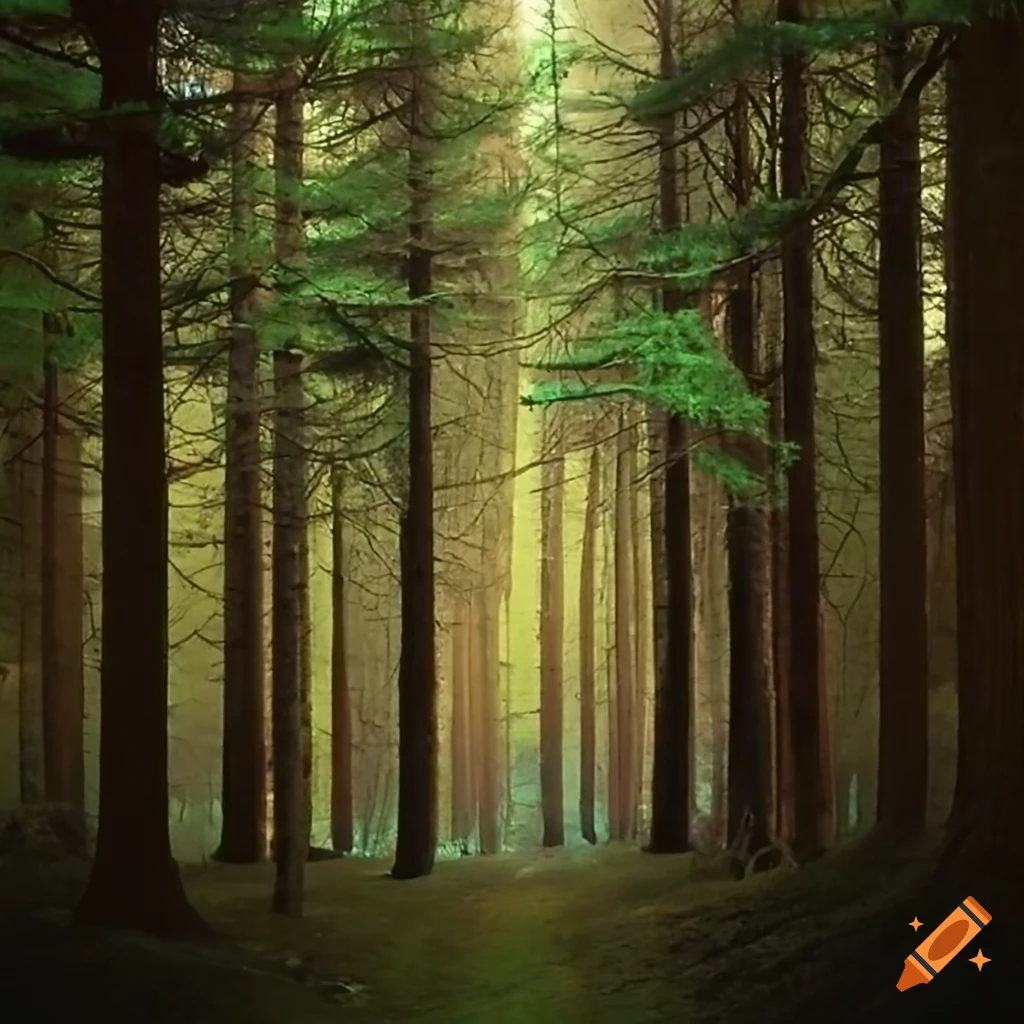 View from within a coniferous forest looking through the trees on Craiyon