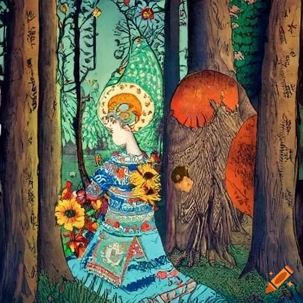 Illustration of a beautiful Curandera in a forest during Fall on Craiyon