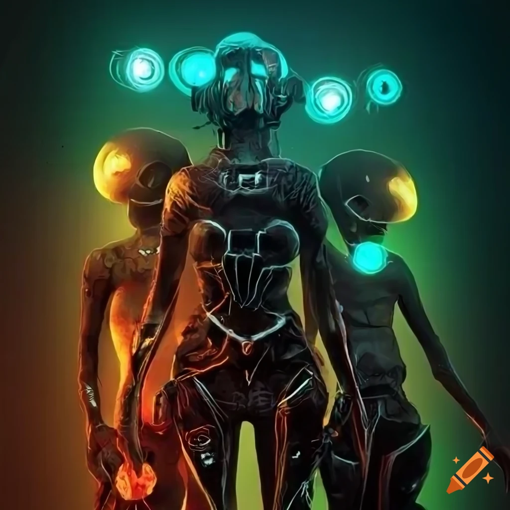 Digital illustration of a futuristic biopunk family surrounded by ...