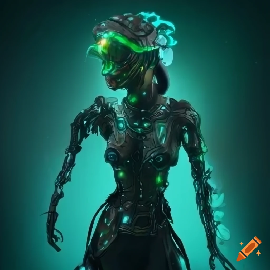 Digital illustration of a futuristic biopunk family surrounded by ...