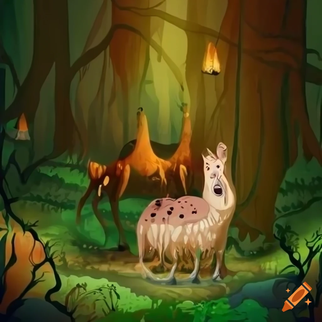 Surreal and whimsical cartoon animal in a strange forest with pond and ...