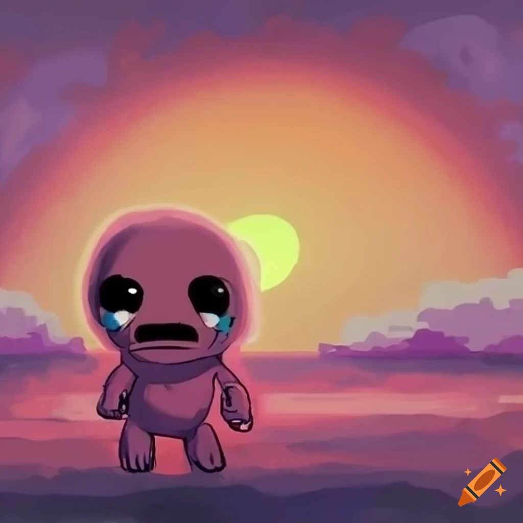 Isaac from the binding of isaac game with a pastel sunset backdrop on ...