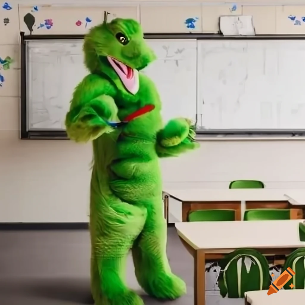 Female teacher wearing green snake mascot costume in classroom on Craiyon