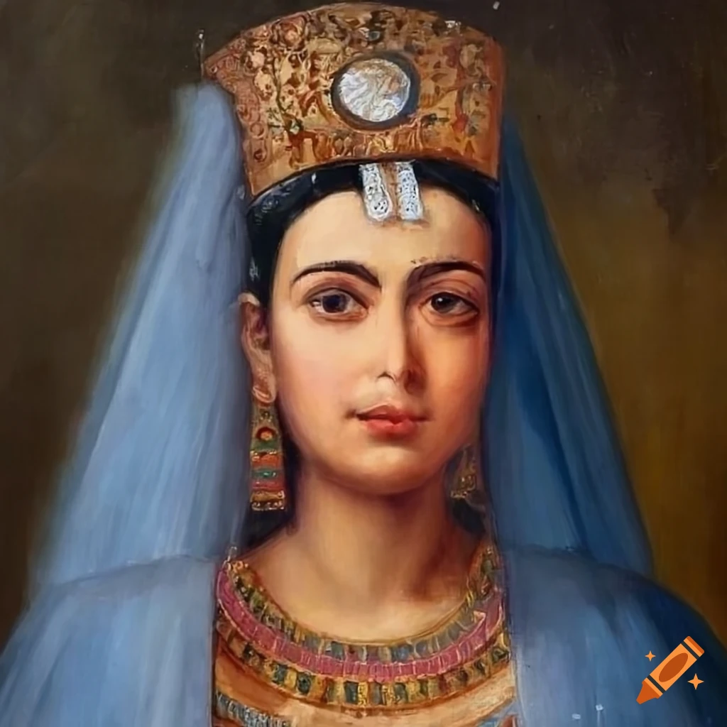 Oil portrait of Queen Aamira in royal attire from the medieval period ...