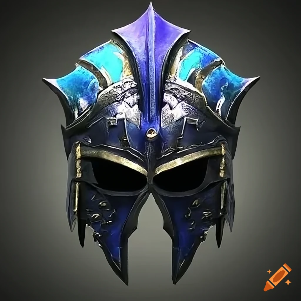 Front view of an elite champion cursed helmet in a fantasy setting on ...