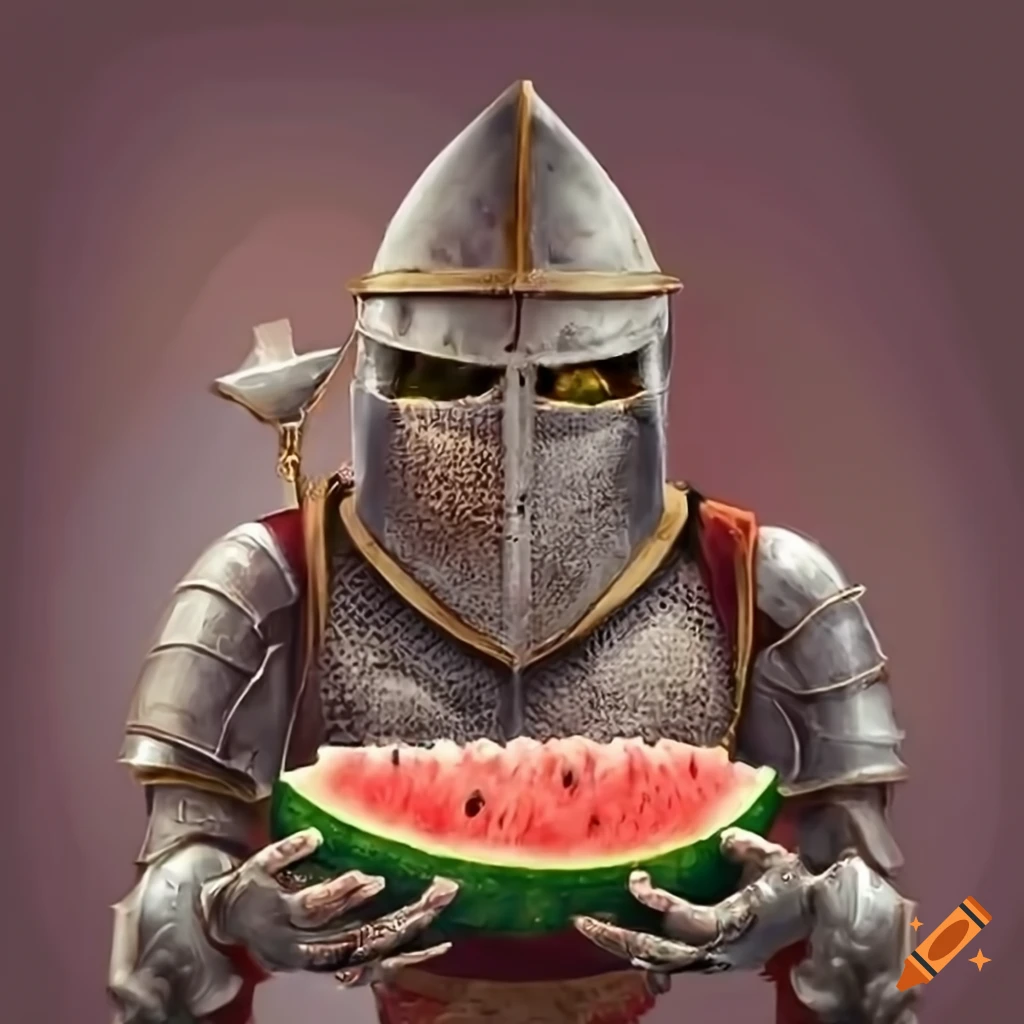 Knight enjoying watermelon in a tavern on Craiyon