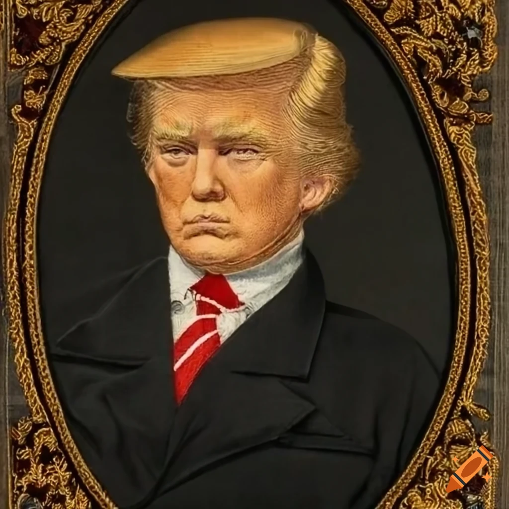 Vintage embroidery close-up portrait of Donald Trump dressed as a ...
