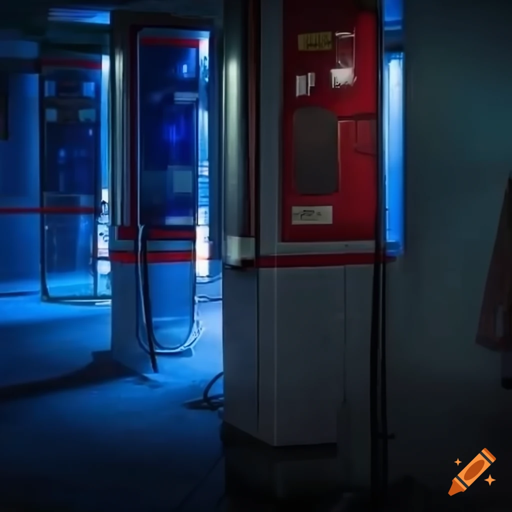 Lonely dark gas station with blue lights in a photorealistic setting on ...