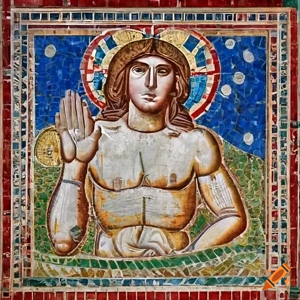 Colorful glass mosaic of a man praying in a medieval pool of water by ...