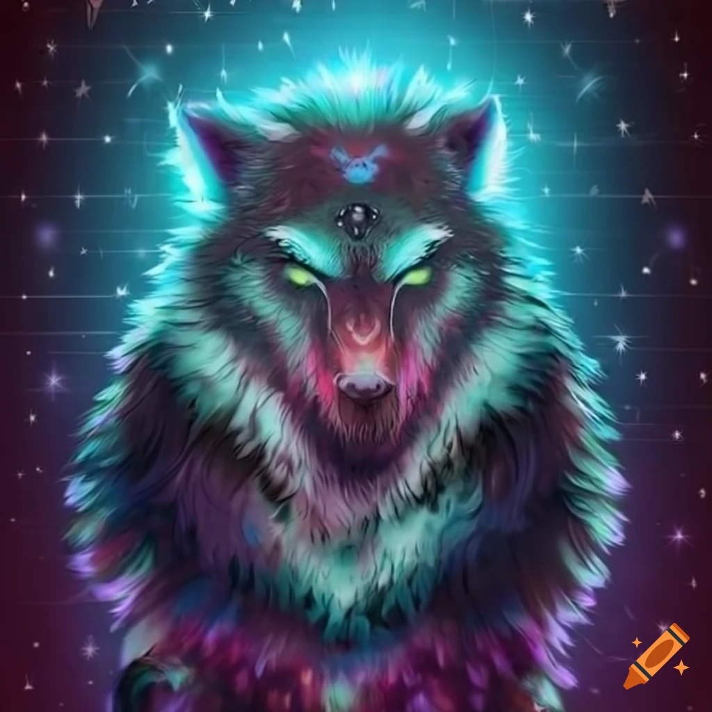 Werewolf fursona with glowing star patterns in a night setting on Craiyon