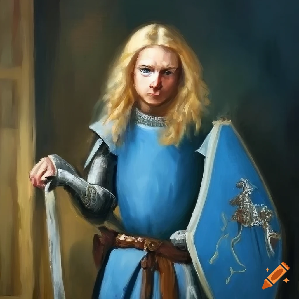 Oil painting of a blond long-haired medieval knight in blue tunic on ...