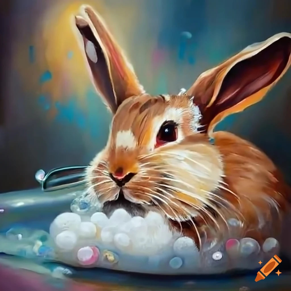 Curious bunny taking a bubble bath while reading a adventure story on ...