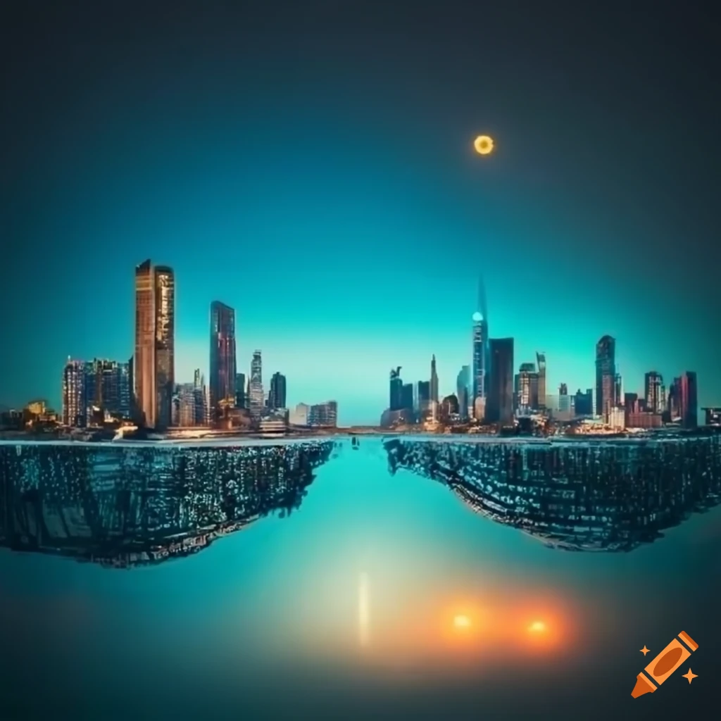 Sky island science fantasy cityscape with orange and cyan skyline on ...