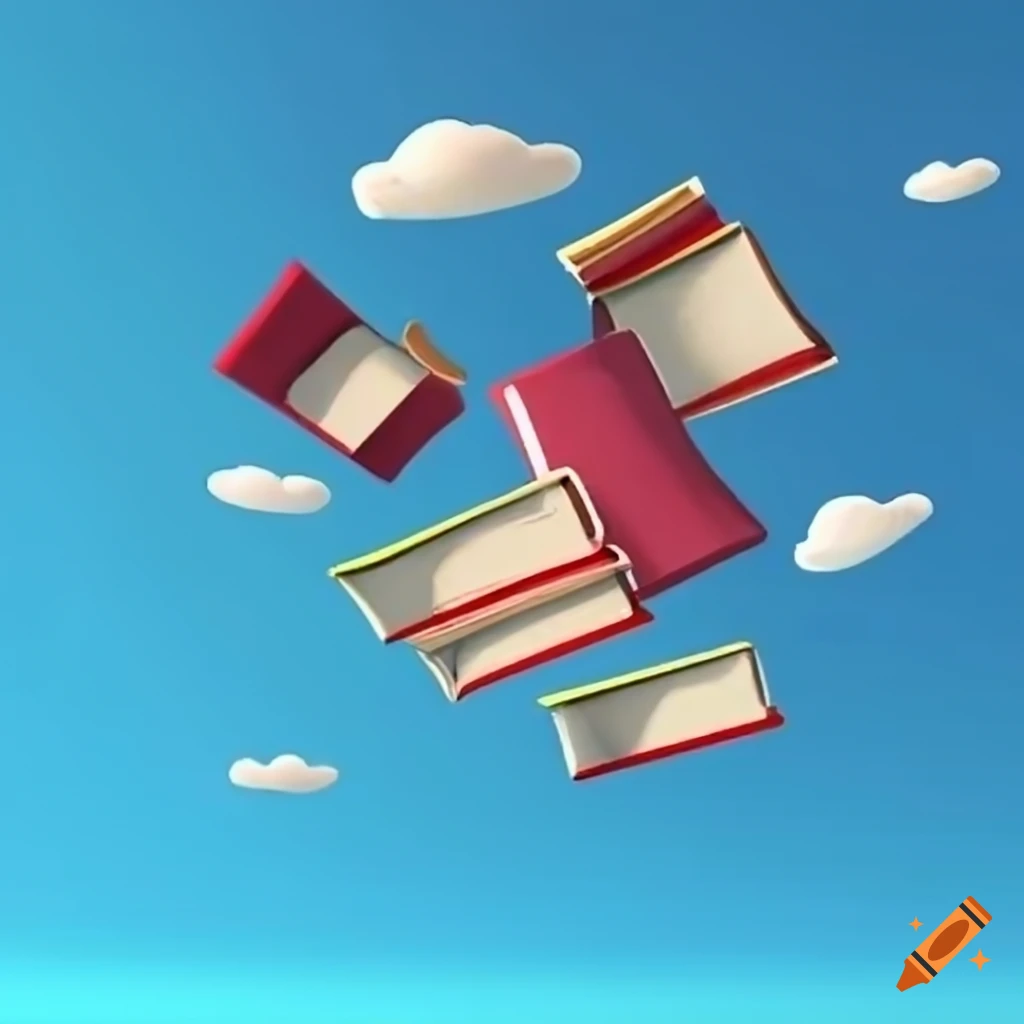Books flying in the blue sky in 3D cartoon style on Craiyon