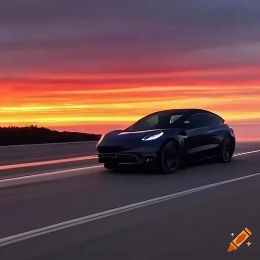 Tesla model y driving off into the sunset on Craiyon