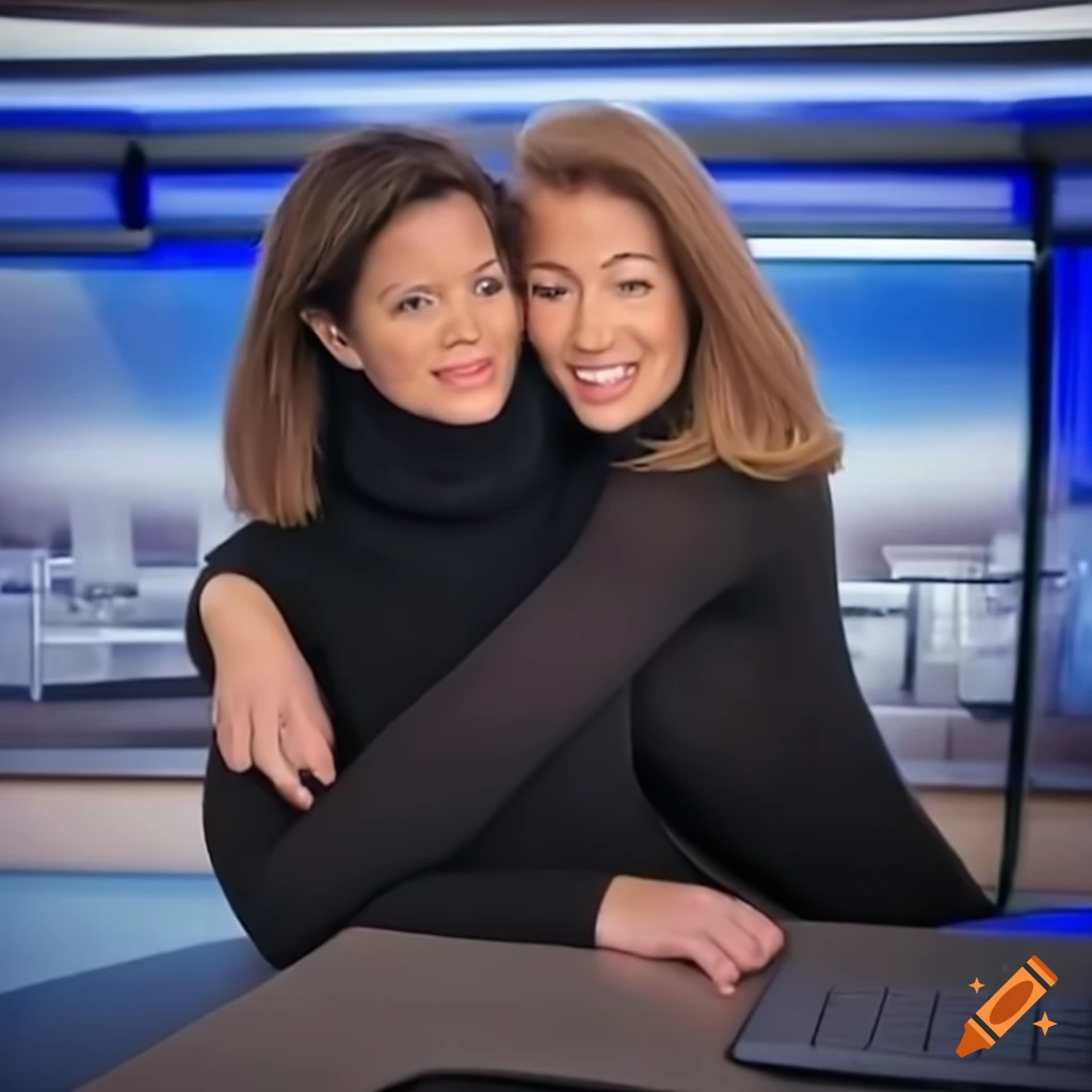 Two women from CBS News hugging at the news desk in a two-headed woman ...