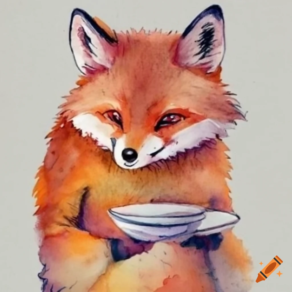 Fox eating from plate in watercolor drawing on Craiyon