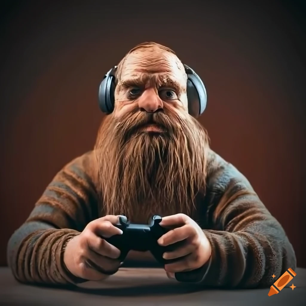 Medieval dwarf at a desk with headphones playing a video game on Craiyon