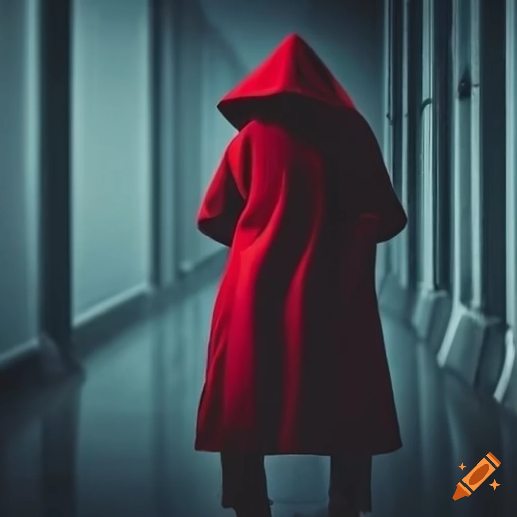 Mysterious red hooded figure with green eyes in a dark hallway on Craiyon