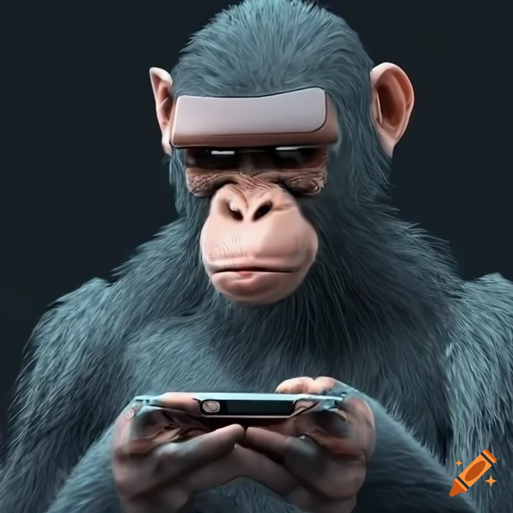 Futuristic ape using vr and technology devices in a 3d image on Craiyon