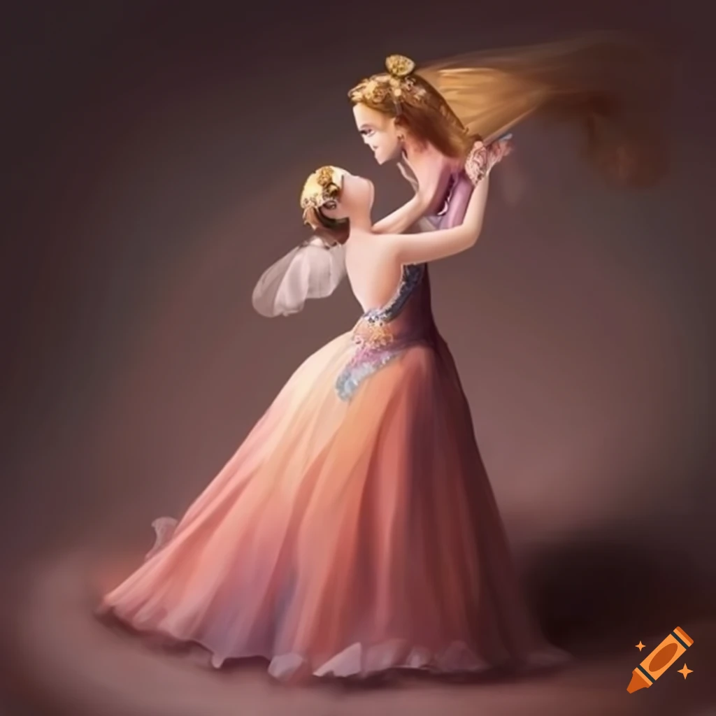 Two princesses dancing in pretty dresses in a realistic art style on ...