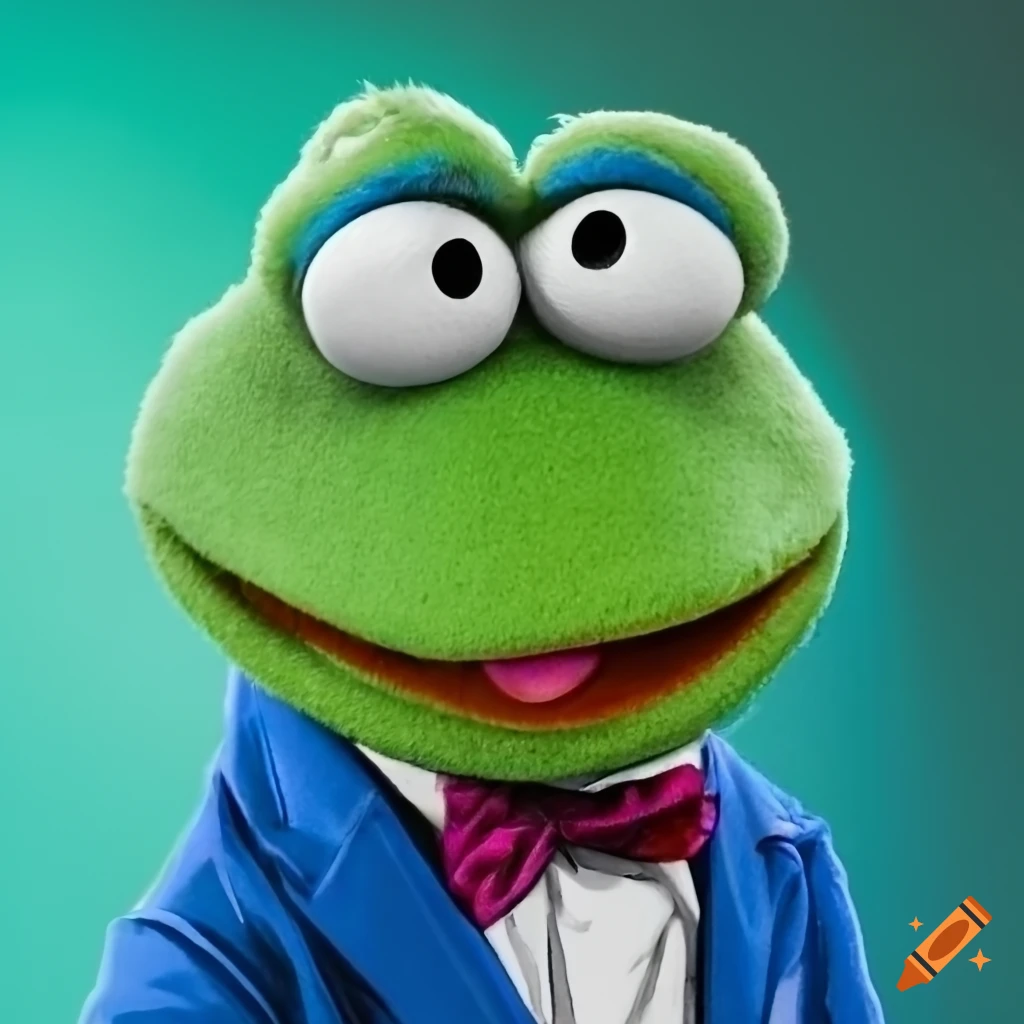 Colorful muppet frog wearing a suit against a blue background on Craiyon