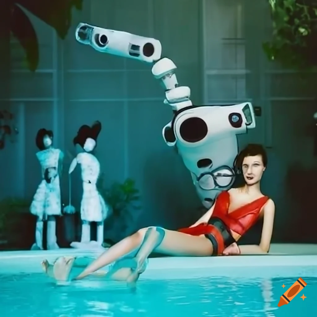 Futuristic pool party with high-tech robot companions on Craiyon