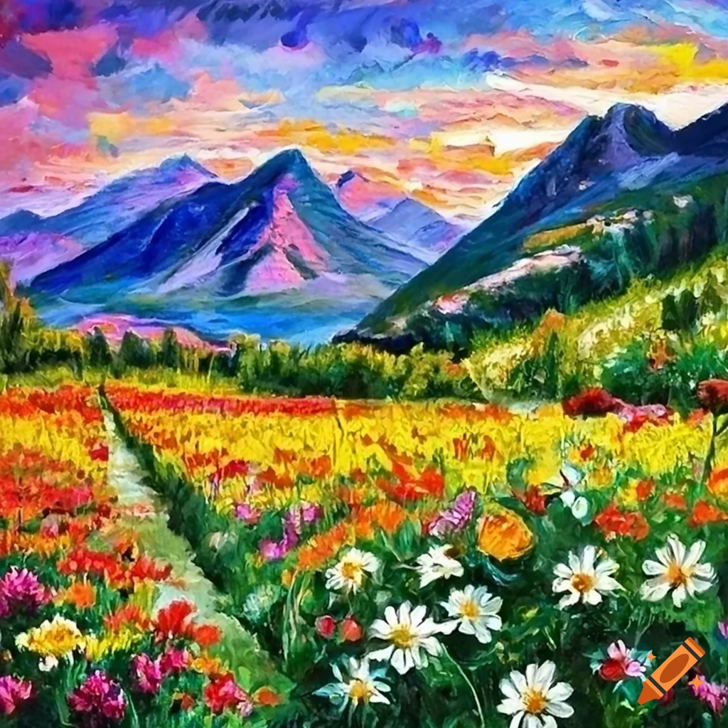 Colorful high-resolution painting of flowers in a mountainous landscape ...