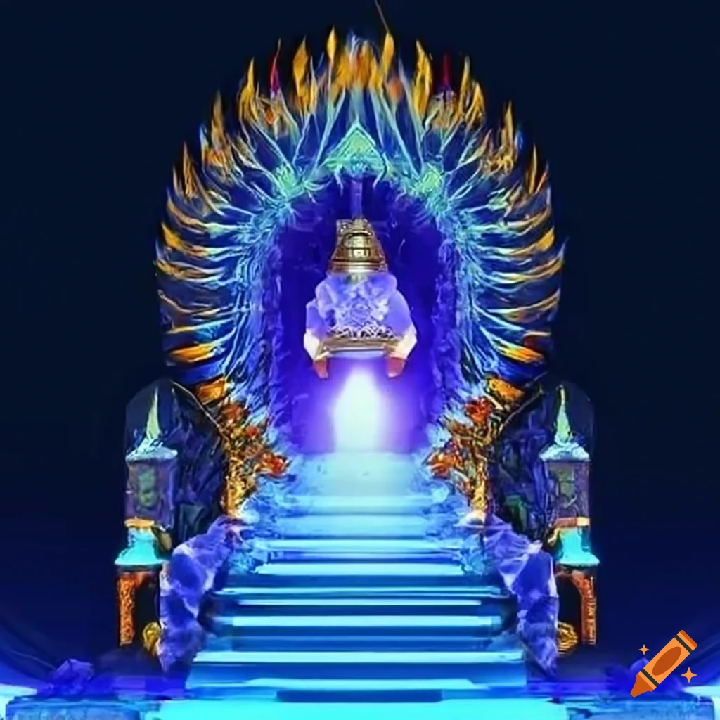 Heavenly throne with Jesus sitting above a sapphire sea and glowing ...