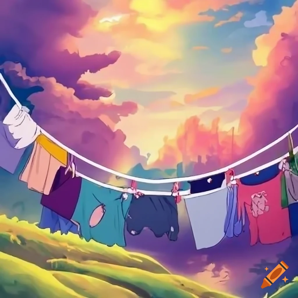 Anime style washing line on a hill with clothes hanging on Craiyon