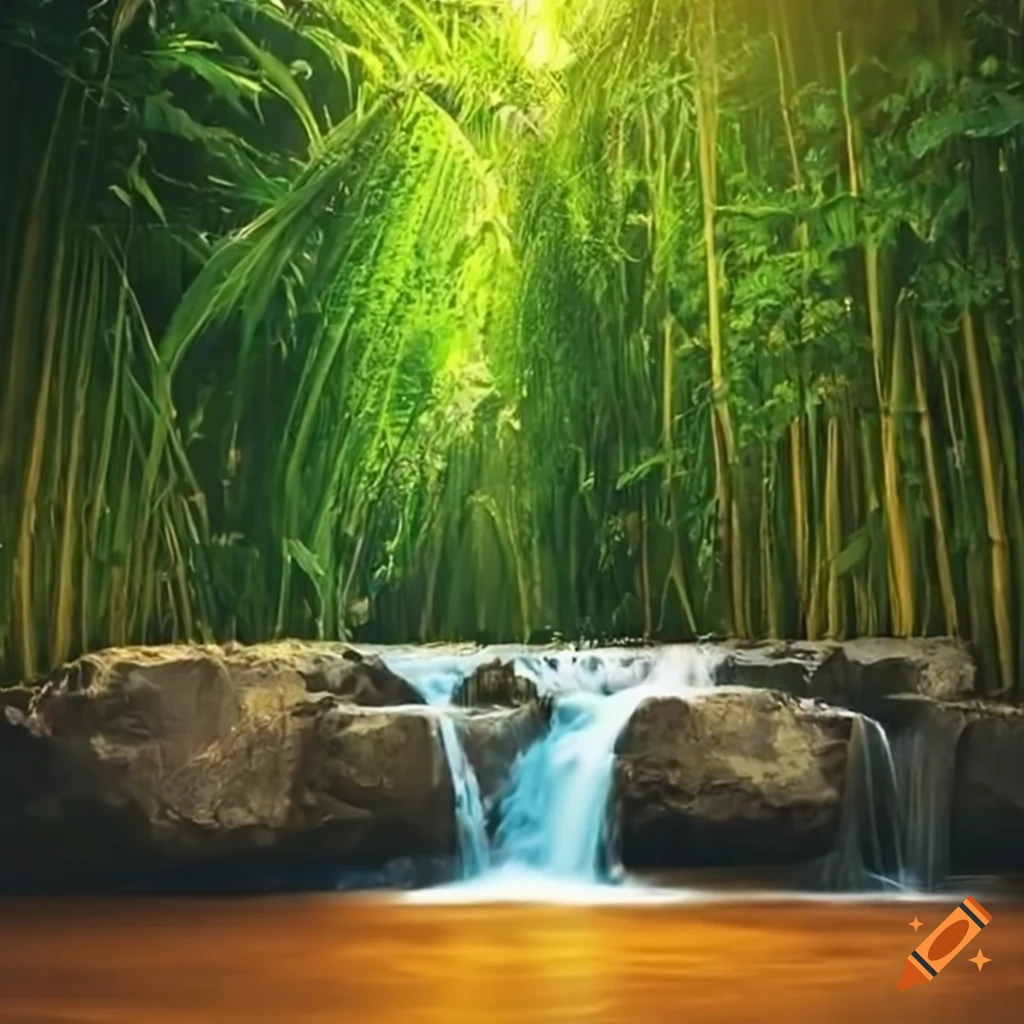Hawaiian river with bamboo backdrop and small waterfall on Craiyon