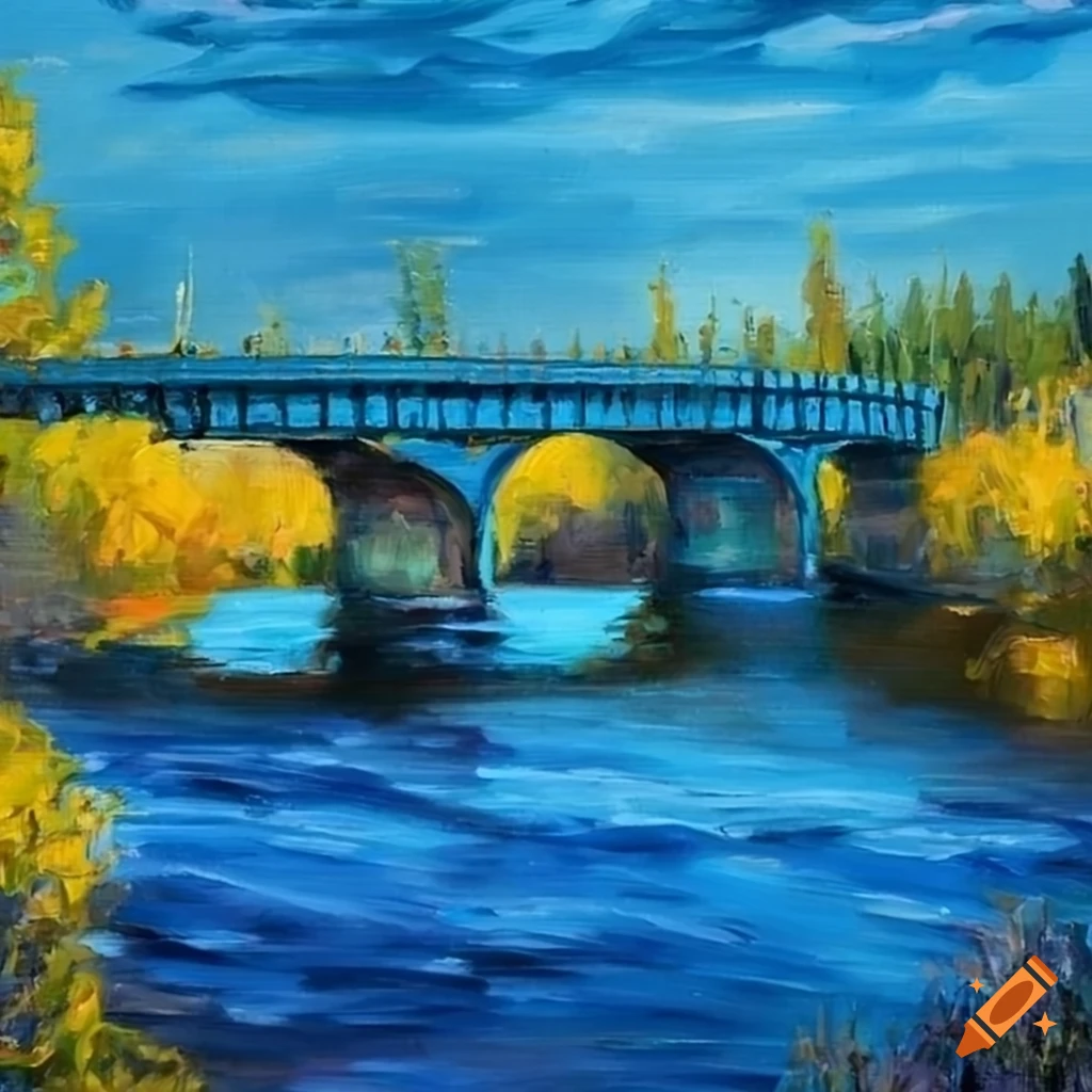 Oil painting of the blue bridge in Lewiston Idaho over a tranquil river ...