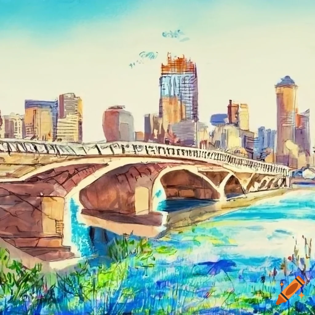 Hand illustrated drawing of Stonearch bridge in Minneapolis, Minnesota ...