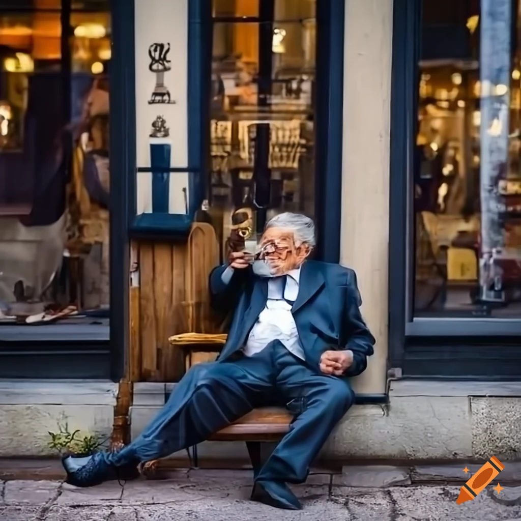Elderly man in a suit smoking a cigar outside a coffee shop with a line of people on Craiyon