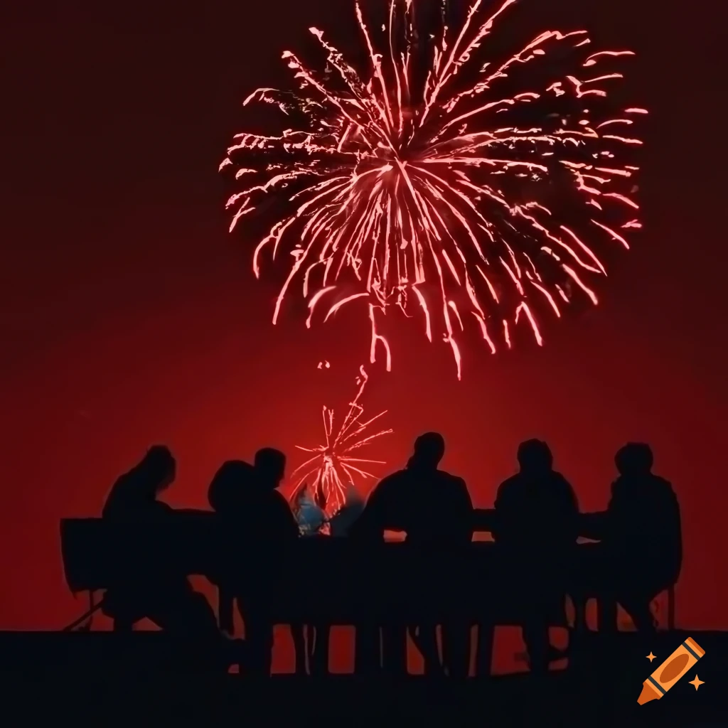 Red and blue fireworks above people playing board games at night on Craiyon