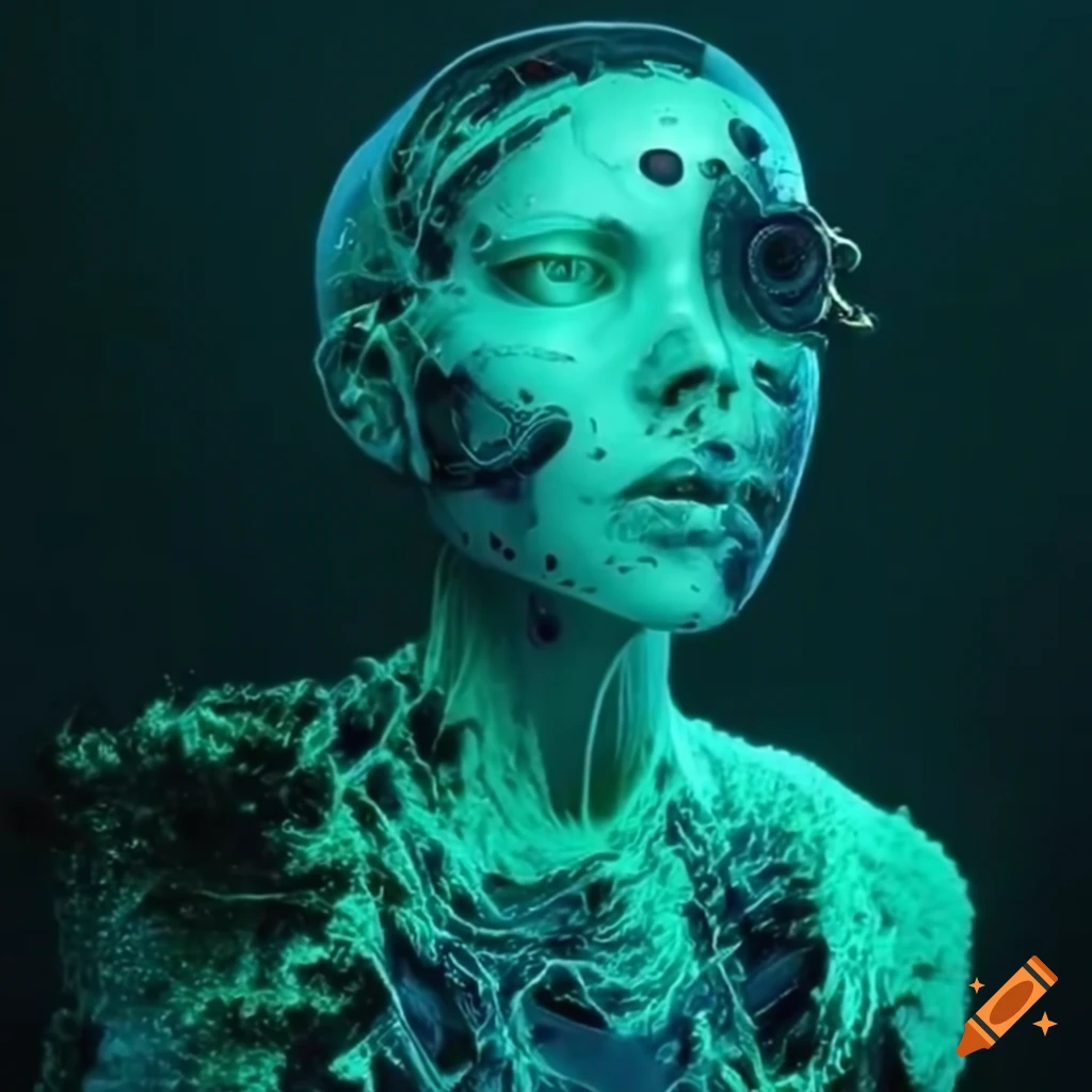 High-tech biopunk cyborg covered in glowing moss in futuristic ...