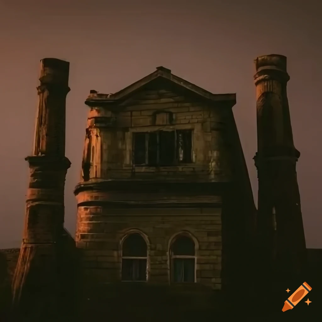 Abandoned brick and sandstone buildings sinking into water in thick fog ...